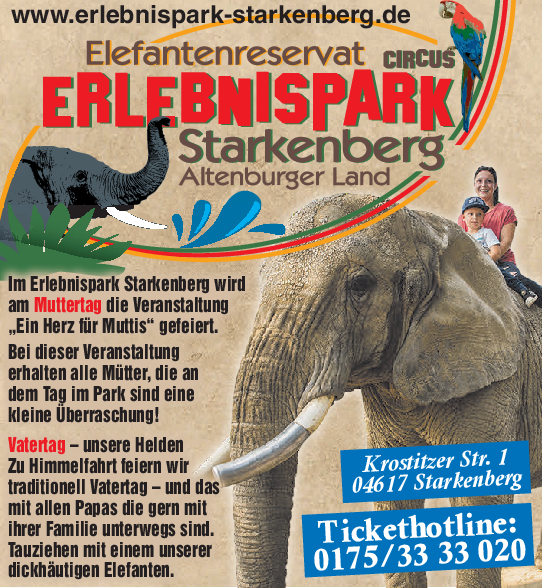 Das Elefanten-Reservat ERLEBNISPARK STARKENBERG lädt ein zum Mutter ...